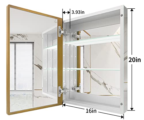 FOMAYKO Aluminum Bathroom Medicine Cabinet with Farmhouse Gold Framed 20(H) x16(W) Inches Recess or Surface Mount Mirror Cabinet for Bathroom Toilet Kitchen