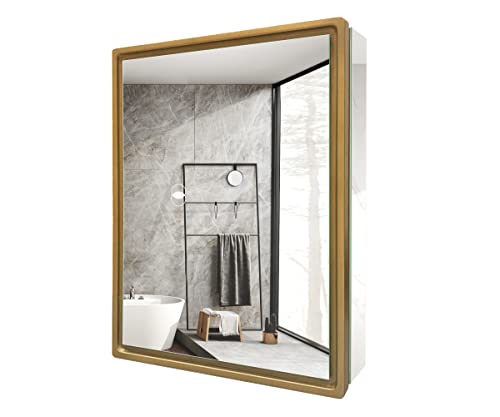 FOMAYKO Aluminum Bathroom Medicine Cabinet with Farmhouse Gold Framed 20(H) x16(W) Inches Recess or Surface Mount Mirror Cabinet for Bathroom Toilet Kitchen