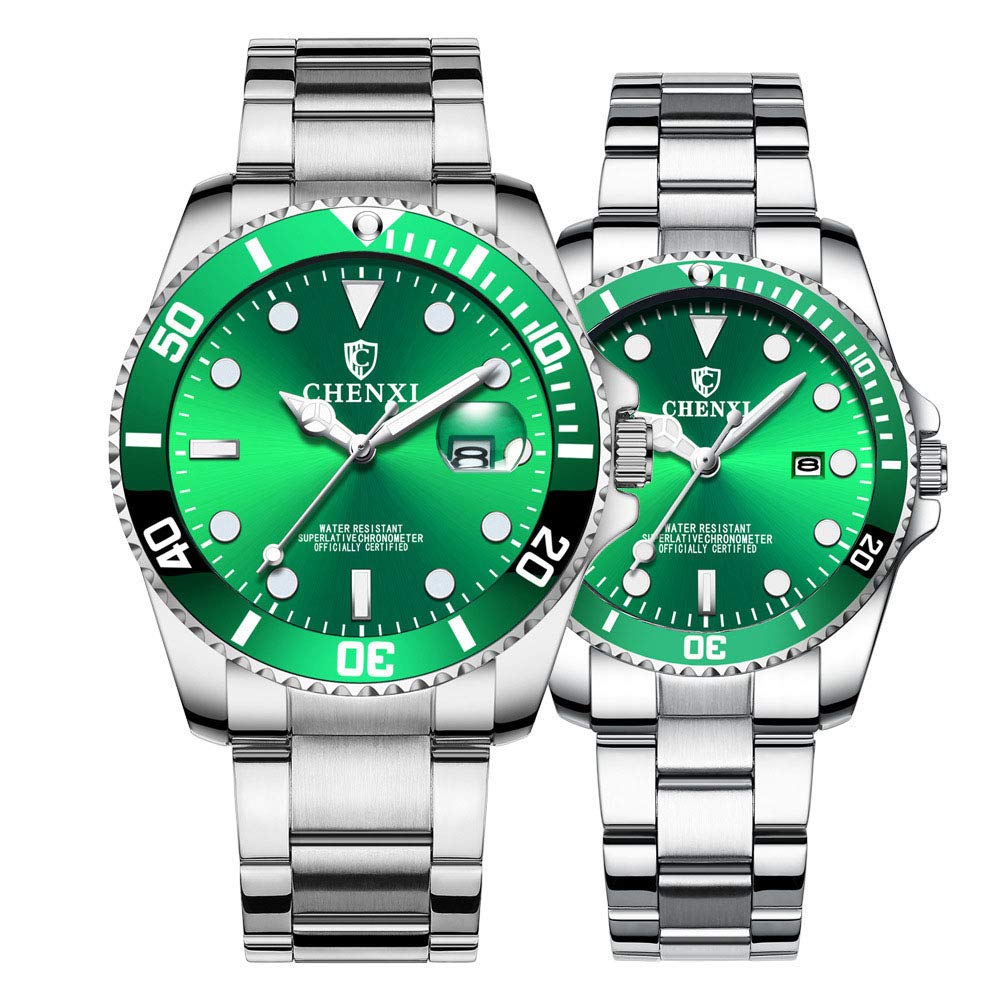 MASTOP Couple Watches Classic Golden Stainless Steel Watch His and Hers Waterproof Quartz Watch (Silver Green)