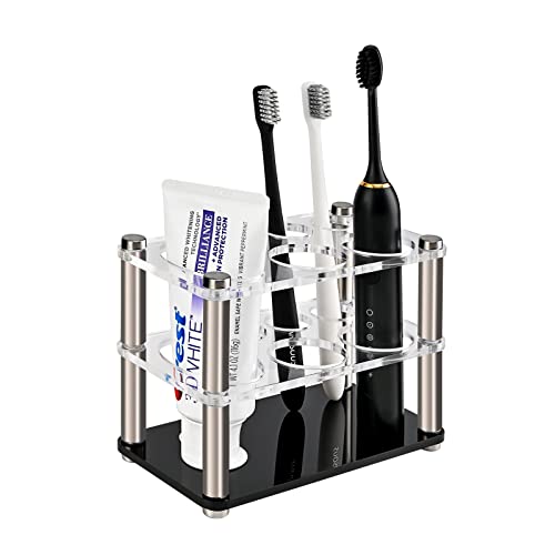 FAIBAEELLY Toothbrush Holders for Bathrooms, Premium Acrylic Stainless Steel Toothbrush and Toothpaste Holder, Open Design Multifunctional Bathroom Counter Organizer, Clear/Black/Silver
