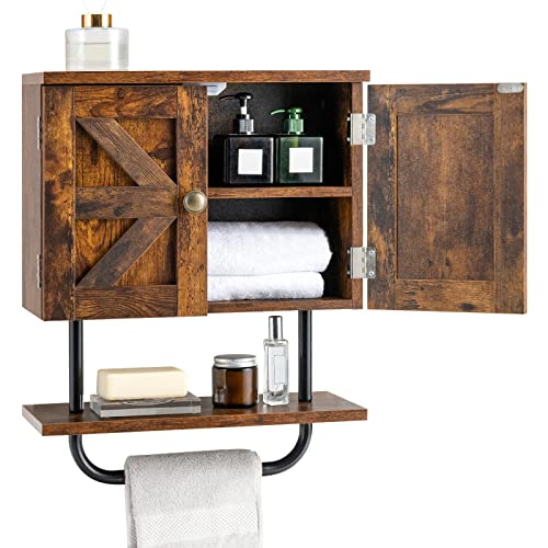 Tangkula Wall Mounted Bathroom Cabinet, 2 Doors Wooden Space Saving Medicine Cabinet with Open Shelf and Towel Bar, Multifunctional Over The Toilet Storage Organizer Kitchen Cupboard (Rustic Brown)