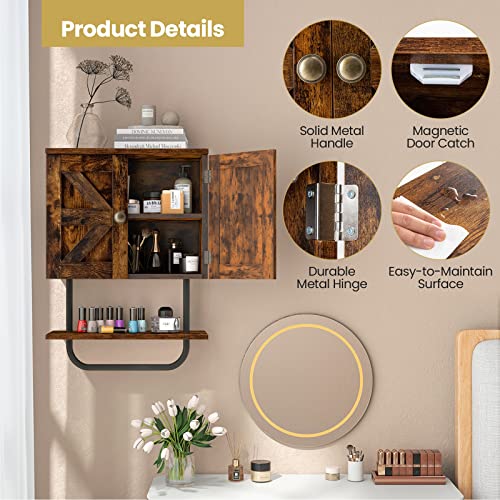 Tangkula Wall Mounted Bathroom Cabinet, 2 Doors Wooden Space Saving Medicine Cabinet with Open Shelf and Towel Bar, Multifunctional Over The Toilet Storage Organizer Kitchen Cupboard (Rustic Brown)
