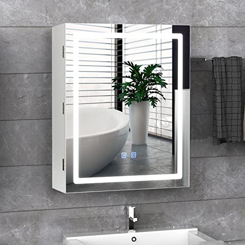 VOWNER Bathroom Medicine Cabinet with LED Lights and Mirror, Wall Mounted Mirror Cabinet with Adjustable Shelf, Defogger, Memory 3-Color Mode, Dimmer, Anti-Fog (20"×24")