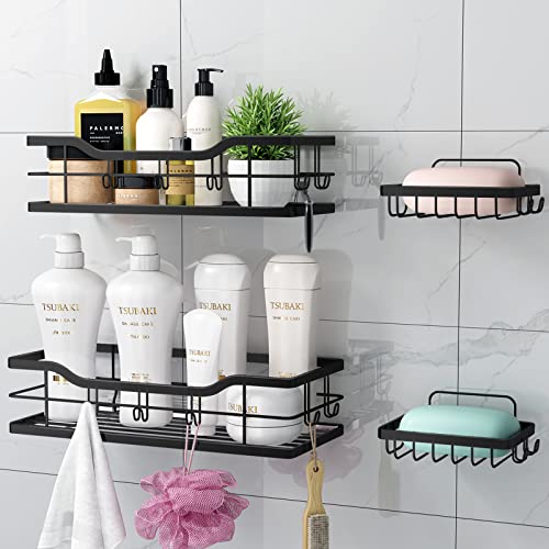 4 Pack Shower Caddy Basket Shelf with Soap Holder, No drilling Shower Organizer with 14 Hooks for Hanging Sponge, Towels or Razor, Rustproof Shower Shelves for Bathroom, Kitchen, Toilet, Power Room