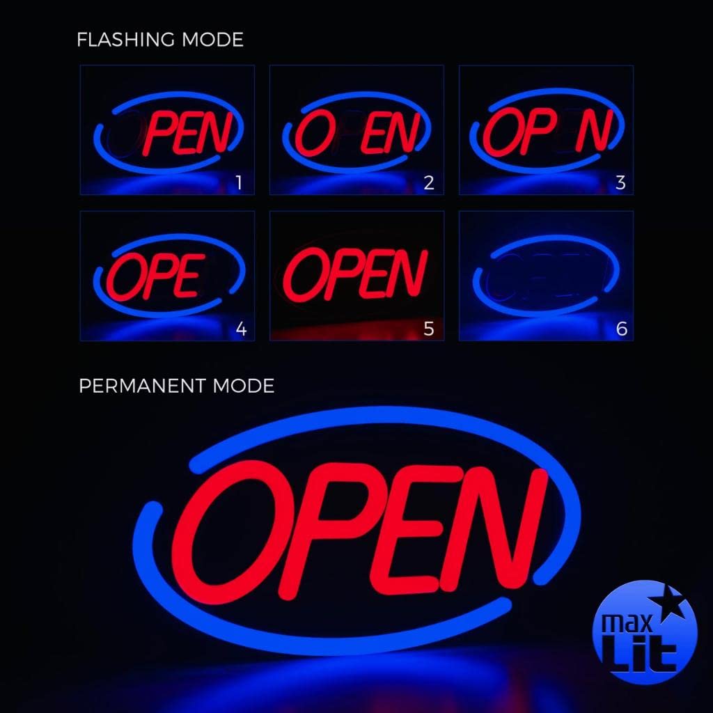 MaxLit 23'' X 12'' New Ultra Bright Oval LED Neon Sign - OPEN - Remote Controlled (Blue/Red)