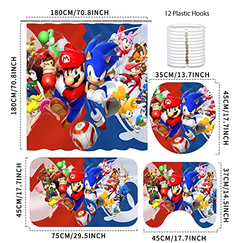 YQPBZCHH 4 Piece Cartoon Shower Curtain Sets with Non-Slip Rug,Toilet Lid Cover and Absorbent Carpet Bath Mat,Durable Waterproof Shower Curtain with 12 Hooks for Bathroom (B)