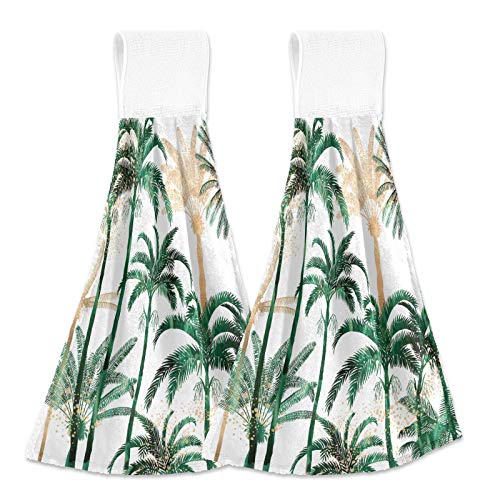 Green Gold Palm Trees Seamless On White 2 Pcs Hanging Kitchen Hand Towels, Hanging Tie Towels with Hook & Loop Dishcloths Sets, Decorative Absorbent Tea Bar Bath Hand Towel