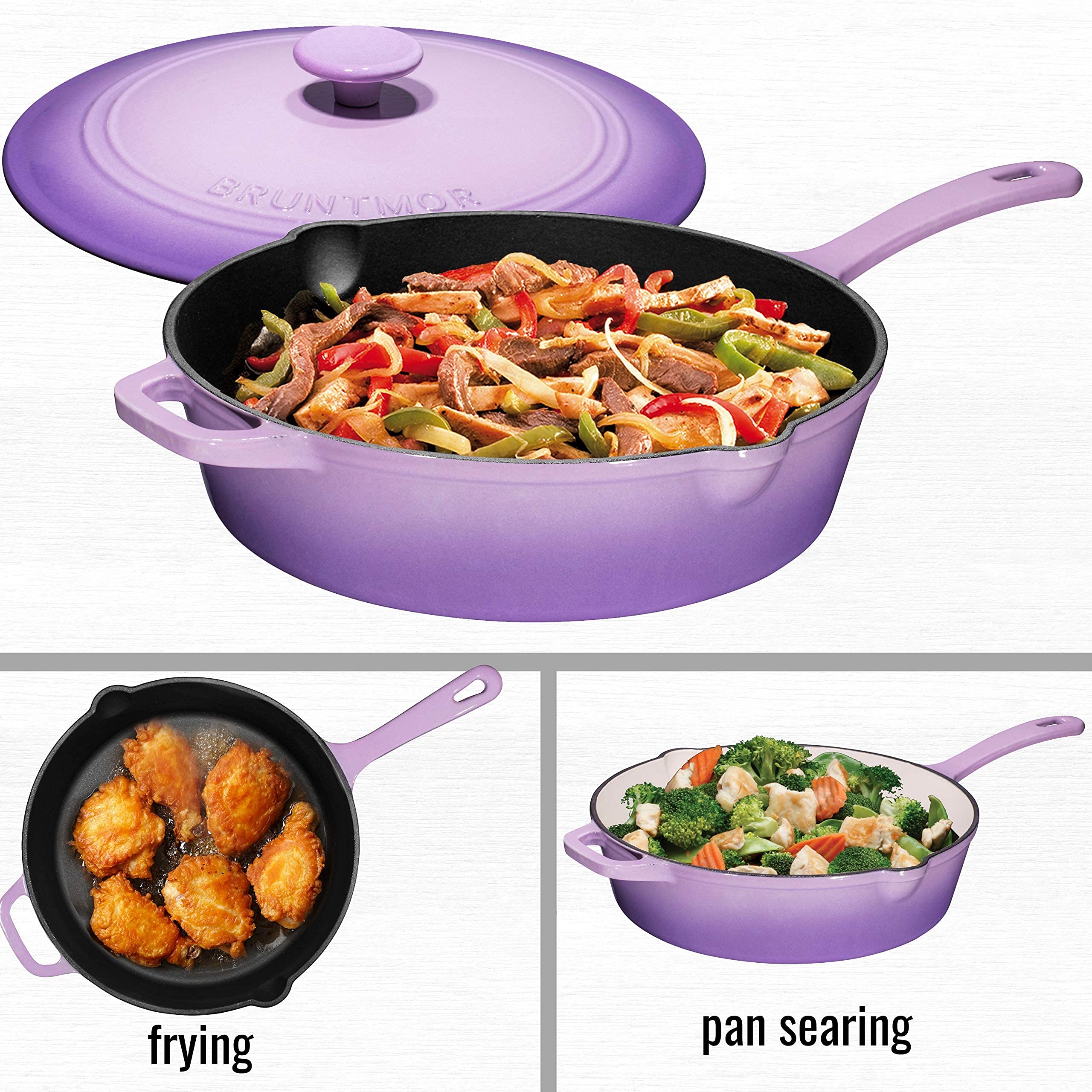 Bruntmor 5qt Purple Enameled Cast iron Skillets With Lid and handle, Non stick Cookware And Grill For Casserole Dish, 5 Quarts Grill Frying Pan,Saute pan,Bakeware