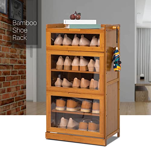 MoNiBloom Shoe Cabinet with Acrylic Doors 5 Tier Bamboo Free Standing Narrow Shoes Rack for Space Saving Entryway Hallway Living Room Bedroom, Brown