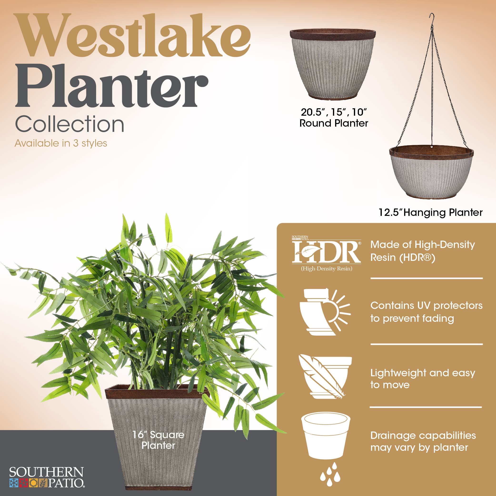 Southern Patio 15" Westlake Indoor/Outdoor Pleated Planter with Drainage Hole, Plug & Galvanized Finish, 19.56 qt. Capacity