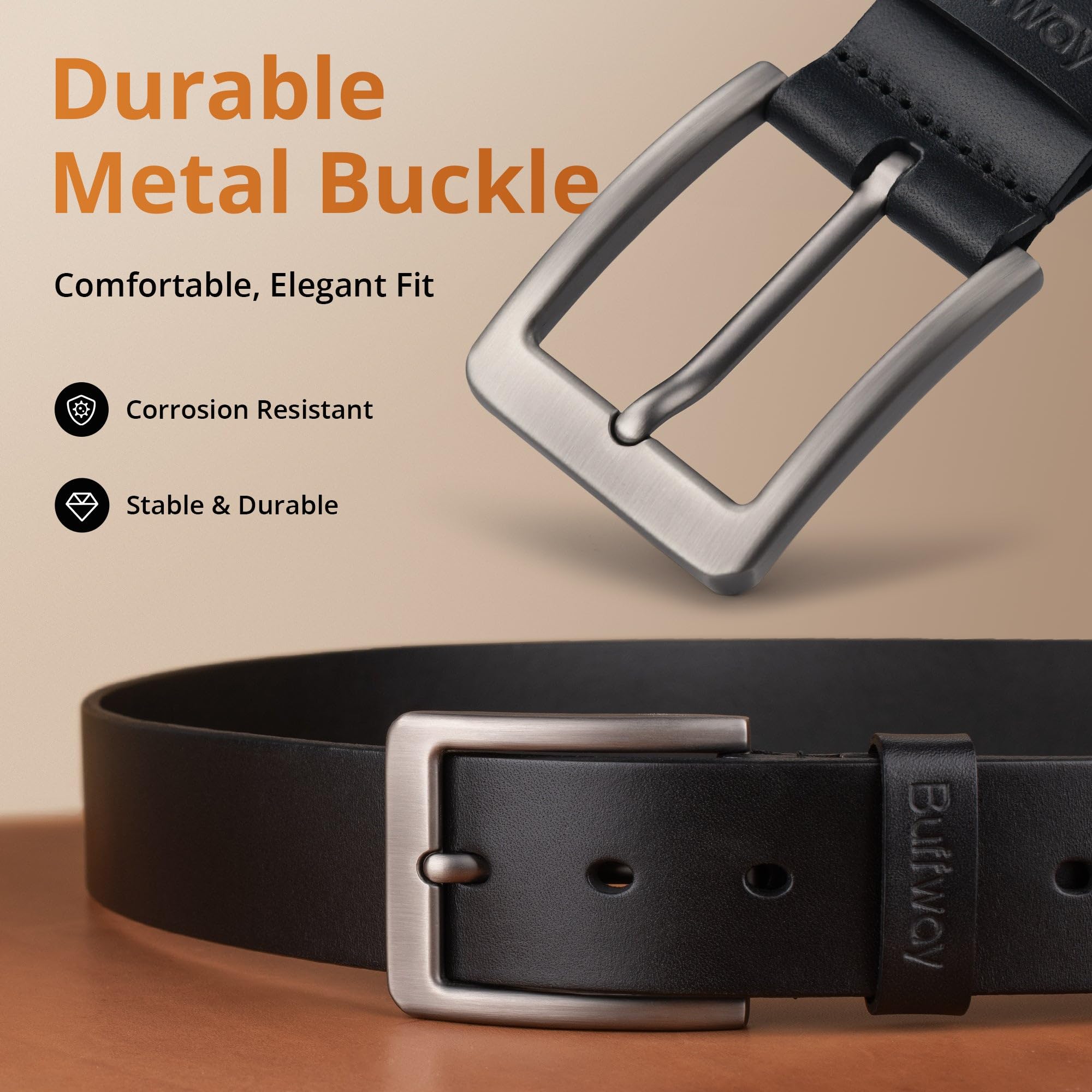 Buffway Leather Belt for Men - Durable Full Grain Men's Belt 1.5", Versatile for Daily Use, with Gift Box- 32” Black