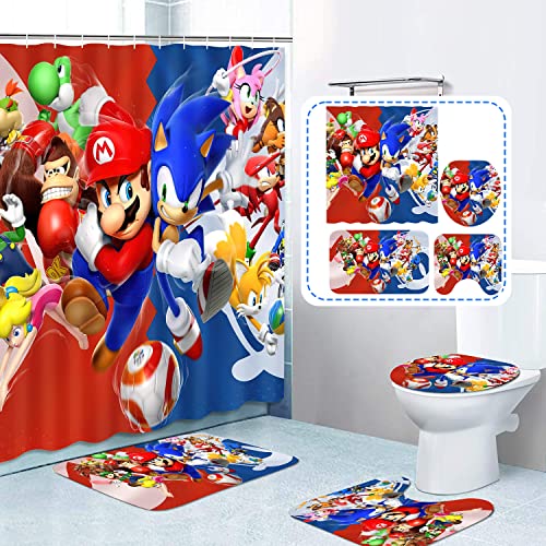 YQPBZCHH 4 Piece Cartoon Shower Curtain Sets with Non-Slip Rug,Toilet Lid Cover and Absorbent Carpet Bath Mat,Durable Waterproof Shower Curtain with 12 Hooks for Bathroom (B)