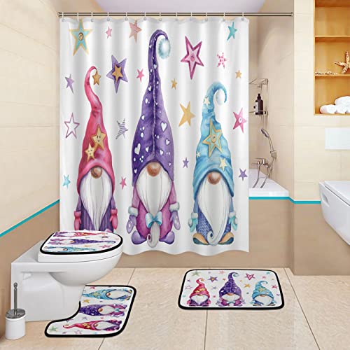 4PCS Magic Gnomes with Stars Shower Curtain Set with Non-Slip Rugs, Toilet Lid Cover and Bath U-Shaped Mat, Bathroom Decor Set Accessories Waterproof Shower Curtain Sets with 12 Hooks
