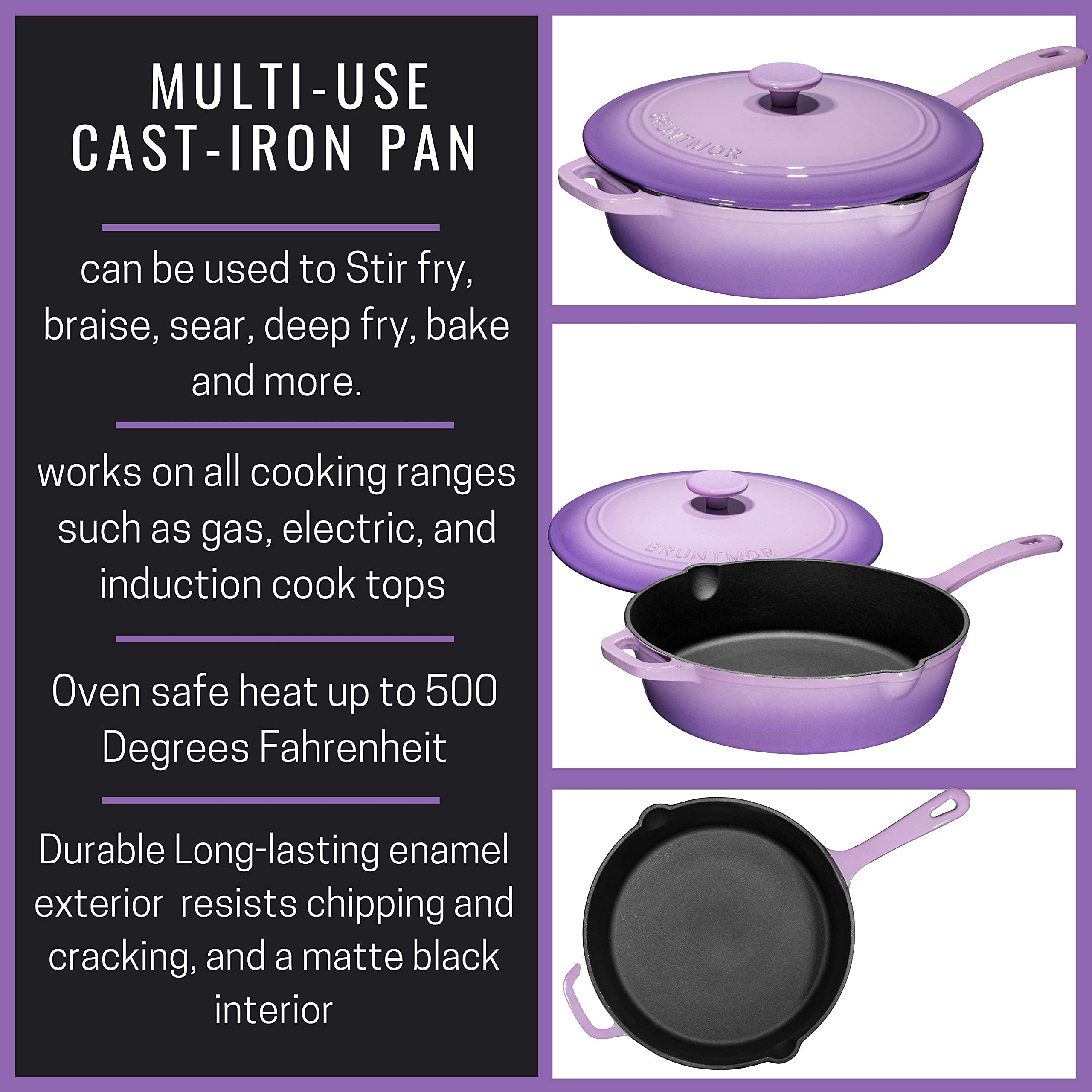 Bruntmor 5qt Purple Enameled Cast iron Skillets With Lid and handle, Non stick Cookware And Grill For Casserole Dish, 5 Quarts Grill Frying Pan,Saute pan,Bakeware