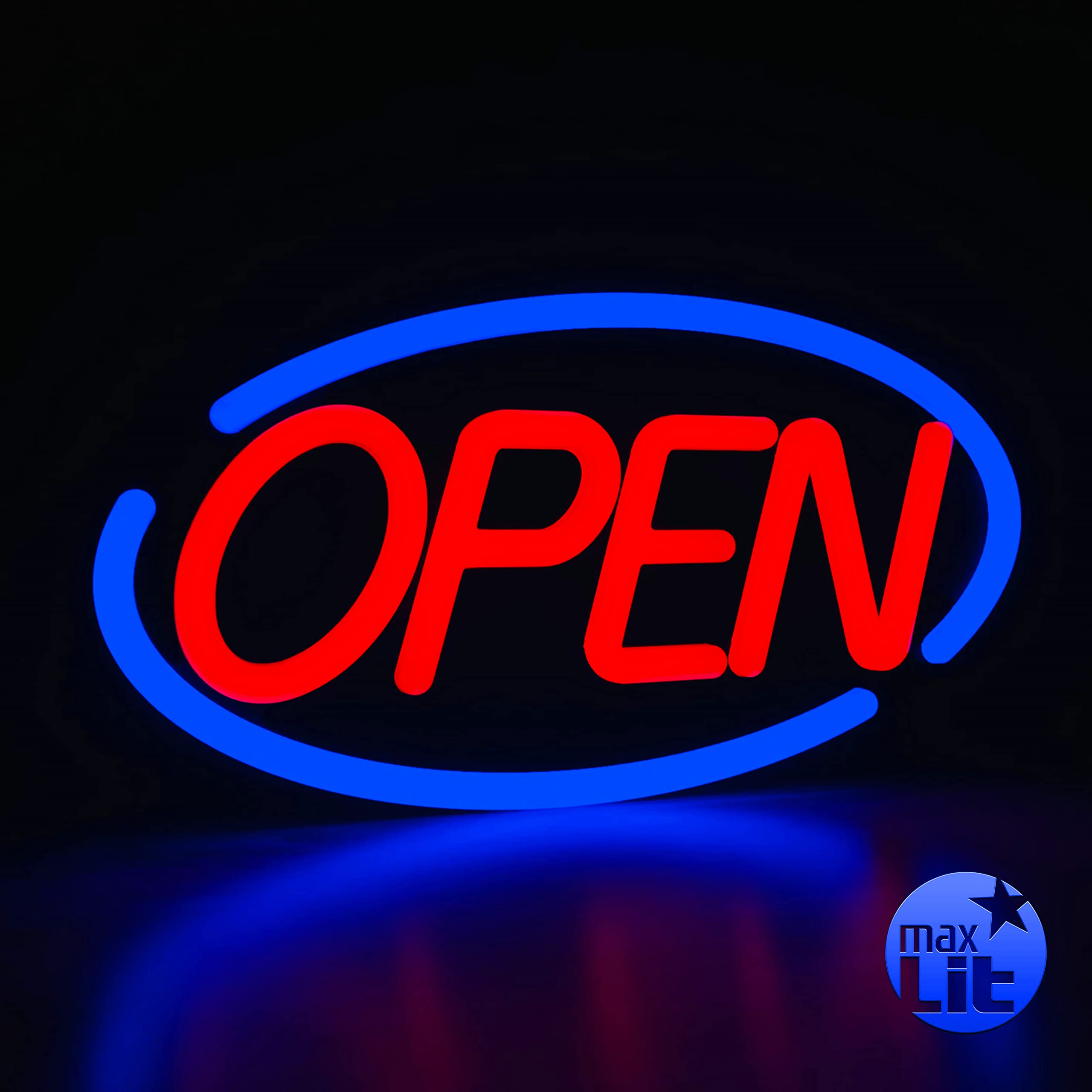MaxLit 23'' X 12'' New Ultra Bright Oval LED Neon Sign - OPEN - Remote Controlled (Blue/Red)