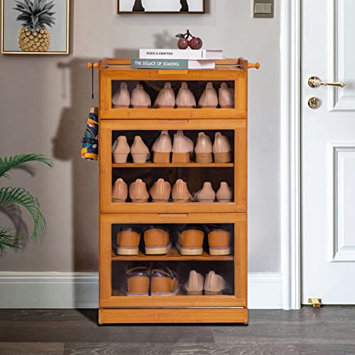 MoNiBloom Shoe Cabinet with Acrylic Doors 5 Tier Bamboo Free Standing Narrow Shoes Rack for Space Saving Entryway Hallway Living Room Bedroom, Brown