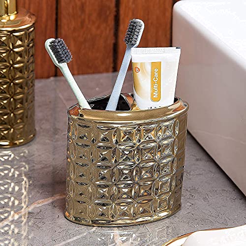BASDHE Bathroom Accessories Set-5 Piece Ceramic Gift Set Toothbrush Holder,Toothbrush Cup,Soap Dispenser,Soap Dish,Trash Can, Set Bathroom (Yellow)