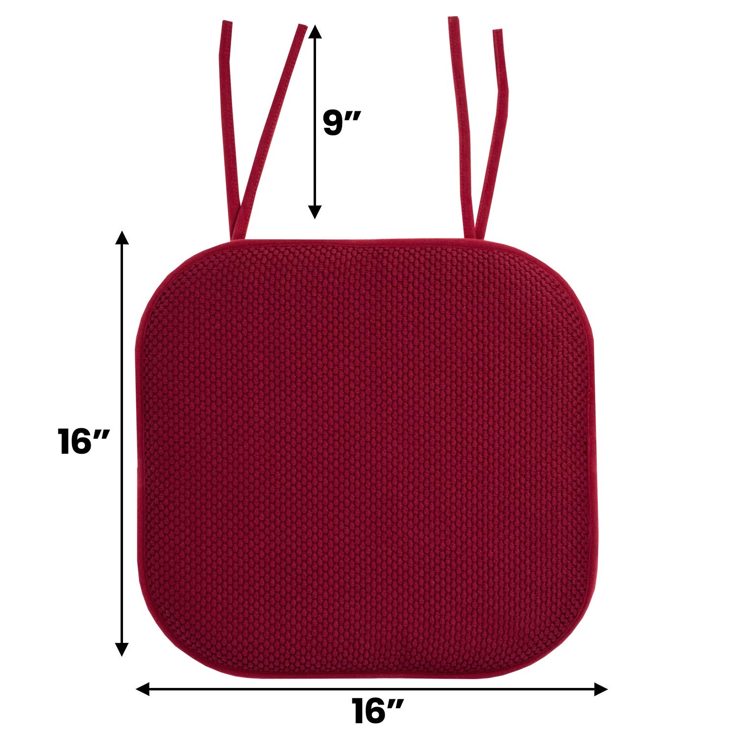 Sweet Home Collection Chair Cushion Memory Foam Pads with Ties Honeycomb Pattern Slip Non Skid Rubber Back Rounded Square 16" x 16" Seat Cover, 2 Pack, Wine Burgundy