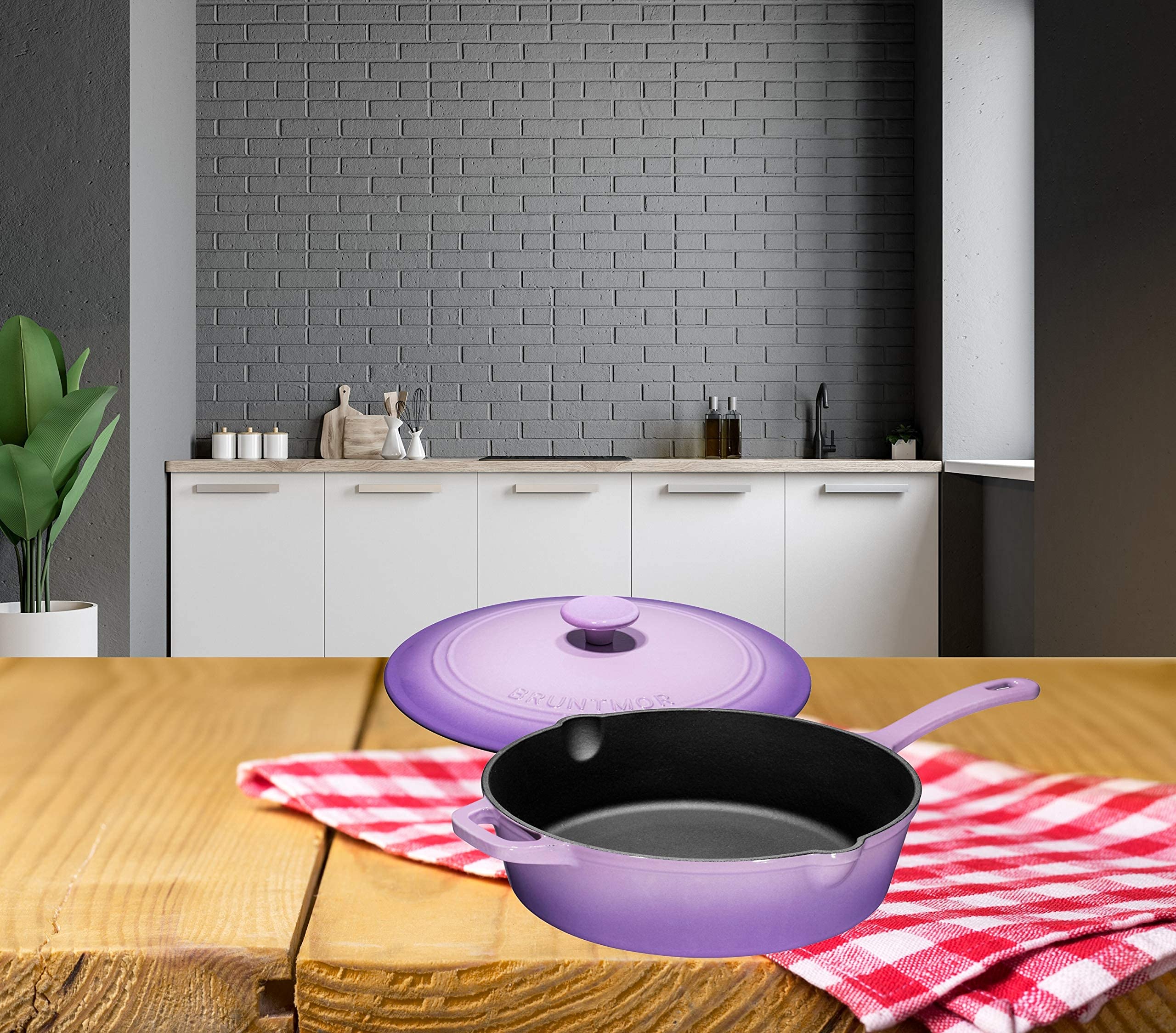 Bruntmor 5qt Purple Enameled Cast iron Skillets With Lid and handle, Non stick Cookware And Grill For Casserole Dish, 5 Quarts Grill Frying Pan,Saute pan,Bakeware