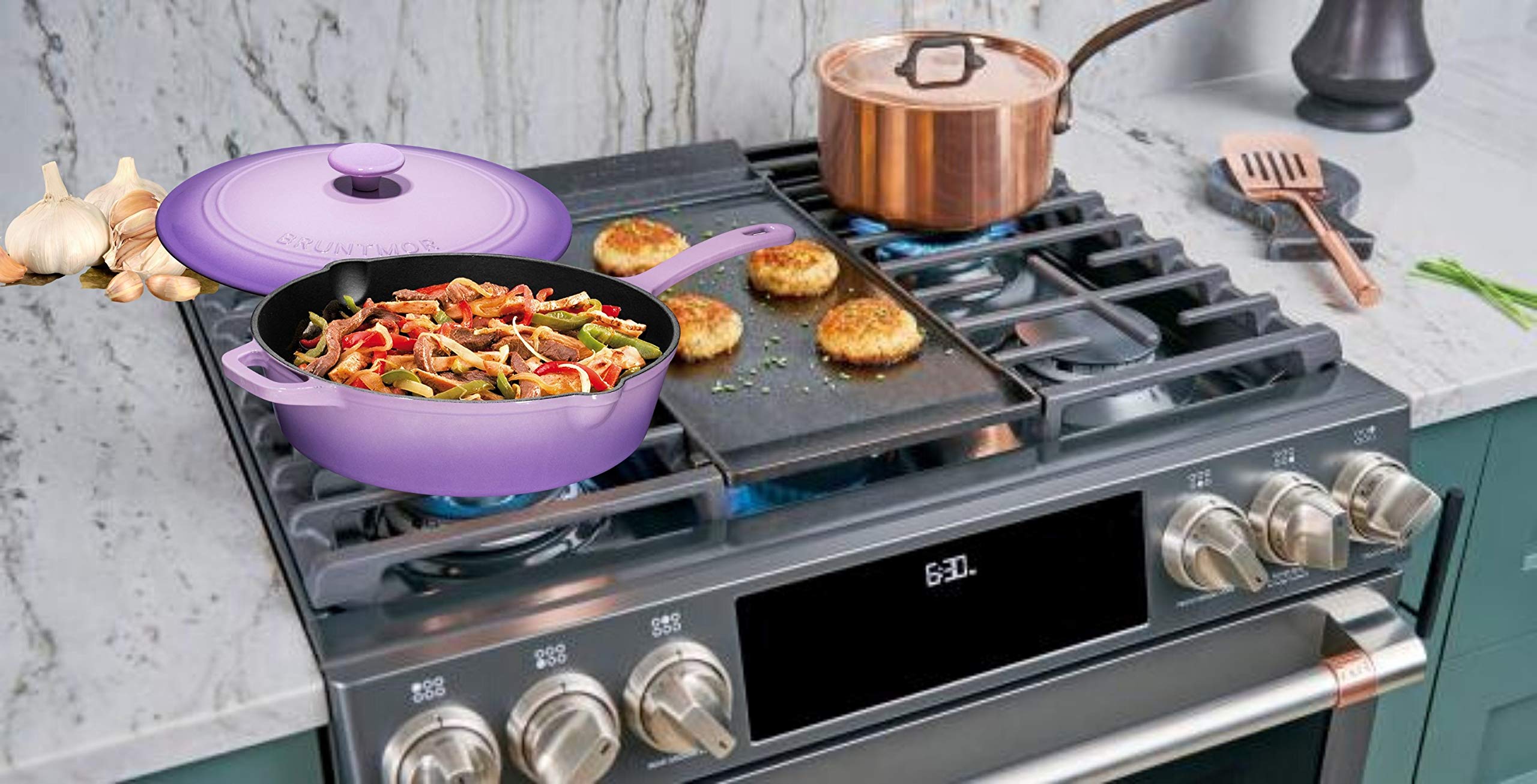 Bruntmor 5qt Purple Enameled Cast iron Skillets With Lid and handle, Non stick Cookware And Grill For Casserole Dish, 5 Quarts Grill Frying Pan,Saute pan,Bakeware