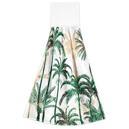 Green Gold Palm Trees Seamless On White 2 Pcs Hanging Kitchen Hand Towels, Hanging Tie Towels with Hook & Loop Dishcloths Sets, Decorative Absorbent Tea Bar Bath Hand Towel