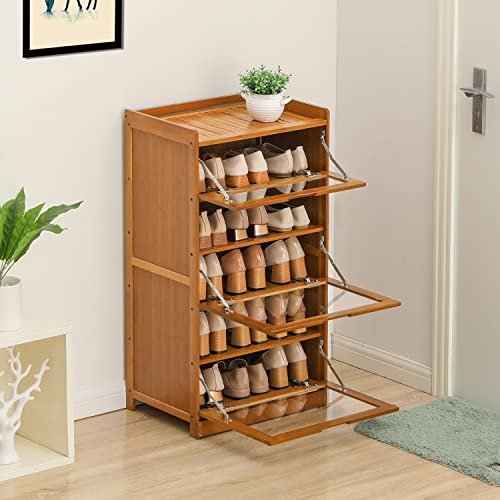 MoNiBloom Shoe Cabinet with Acrylic Doors 5 Tier Bamboo Free Standing Narrow Shoes Rack for Space Saving Entryway Hallway Living Room Bedroom, Brown