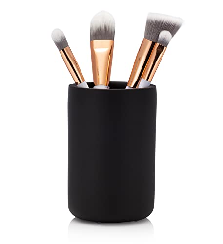 Essentra Home Matte Black Bathroom Accessory Set. Complete Set Includes: Soap Dispenser with Black Pump, Toothbrush Holder, Tumbler and Soap Dish