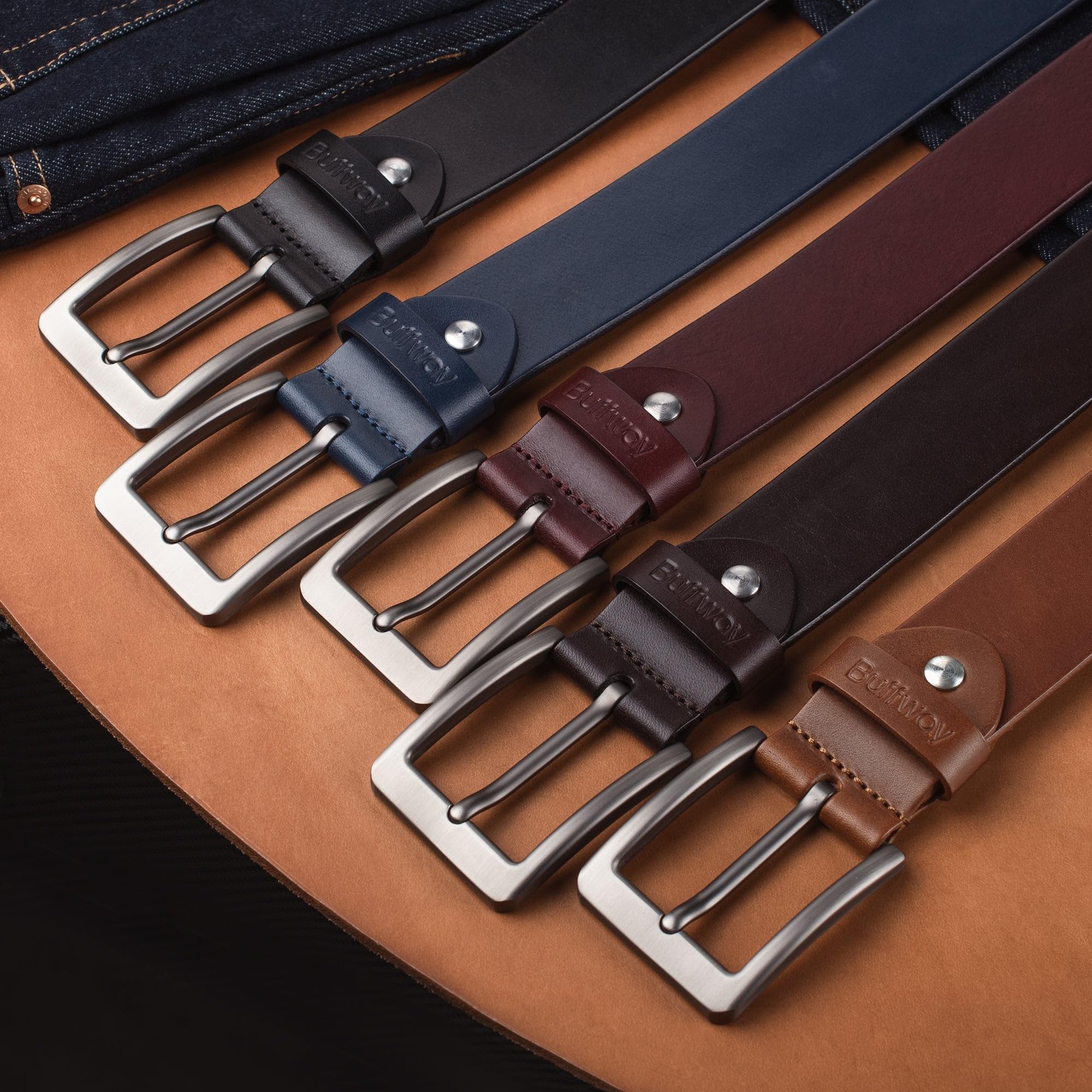 Buffway Leather Belt for Men - Durable Full Grain Men's Belt 1.5", Versatile for Daily Use, with Gift Box- 32” Black