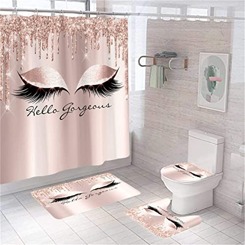 Byitre 4PCS Shower Curtain Set with Rugs,Toilet Lid Cover and U-Shaped Mat,African American Shower Curtains for Bathroom Waterproof Polyester Black Women Bathroom Sets, 71'' x 71'' (QY005Eyelashes)