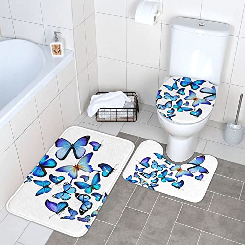 ASEELO Blue Butterfly Bathroom Rugs Sets 3 Piece with Toilet Cover, Bath Mats,U-Shaped Contour Mat,for Bathroom,Tub