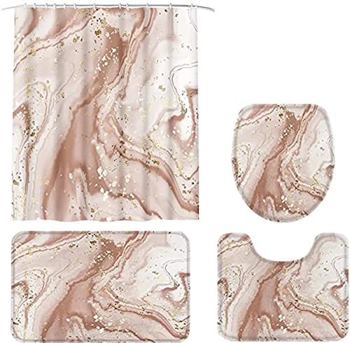 My-baby 4 Pcs Marble Shower Curtain Set with Rug Marble Bathroom Sets with 12 Hooks,White Gold Shower Curtain for Modern Bathroom Decor