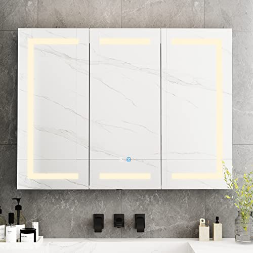 ECACAD LED Lighted Bathroom Medicine Cabinet with Mirror & Shelves, Wall Mounted Bathroom Mirror Cabinet with 3 Doors, Defogger， Adjustable Light Color & Brightness, White