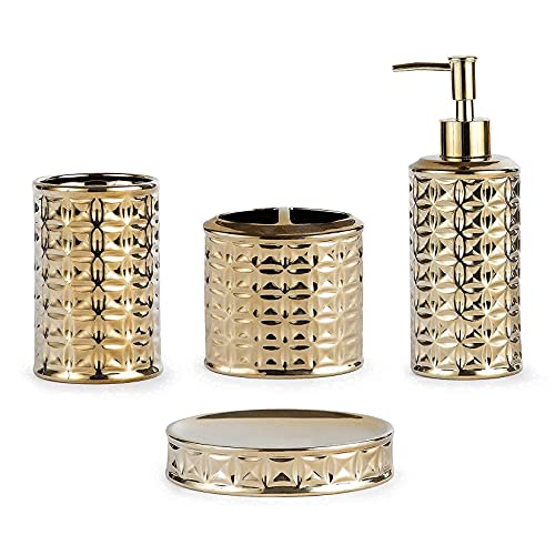 BASDHE Bathroom Accessories Set-5 Piece Ceramic Gift Set Toothbrush Holder,Toothbrush Cup,Soap Dispenser,Soap Dish,Trash Can, Set Bathroom (Yellow)