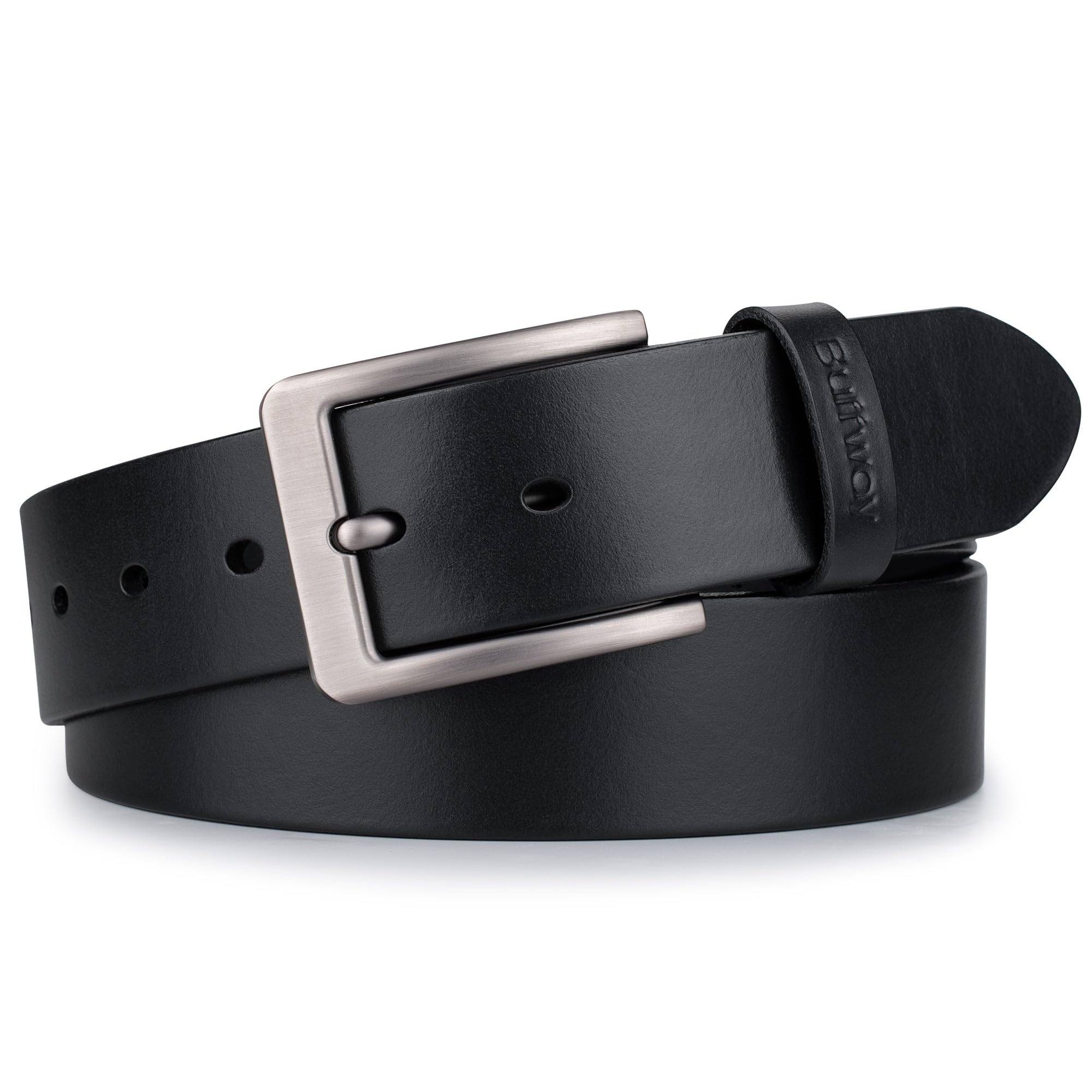 Buffway Leather Belt for Men - Durable Full Grain Men's Belt 1.5", Versatile for Daily Use, with Gift Box- 32” Black