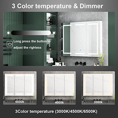 ECACAD LED Lighted Bathroom Medicine Cabinet with Mirror & Shelves, Wall Mounted Bathroom Mirror Cabinet with 3 Doors, Defogger， Adjustable Light Color & Brightness, White