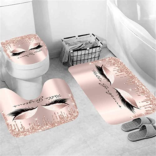 Byitre 4PCS Shower Curtain Set with Rugs,Toilet Lid Cover and U-Shaped Mat,African American Shower Curtains for Bathroom Waterproof Polyester Black Women Bathroom Sets, 71'' x 71'' (QY005Eyelashes)