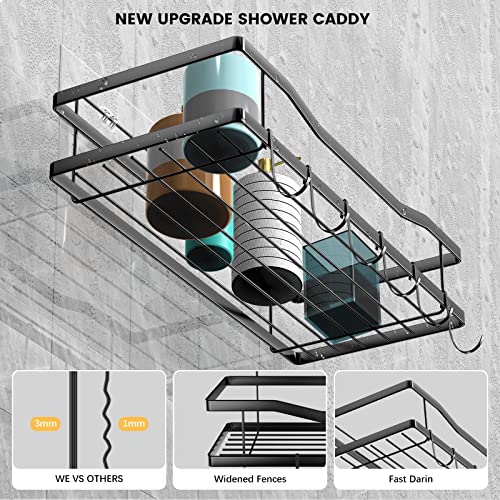 PUKOKAL Shower Caddy 4 Pack Shelf with Hooks Storage Rack Organizer, Stainless Steel Adhesive Caddy Shelves No Drilling with Toothbrush Holder Holder Soap for Bathroom, Restroom, Kitchen (Matte Black)