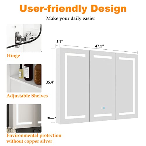 ECACAD LED Lighted Bathroom Medicine Cabinet with Mirror & Shelves, Wall Mounted Bathroom Mirror Cabinet with 3 Doors, Defogger， Adjustable Light Color & Brightness, White