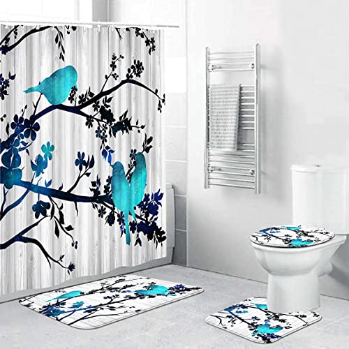 ArtKissMore Bird Tree Shower Curtain Set with Non-Slip Rugs Toilet Lid Cover and Bath Mat Flower Tree and Birds Animal Print Design Bathroom Curtains Fabric Decor with 12 Hooks