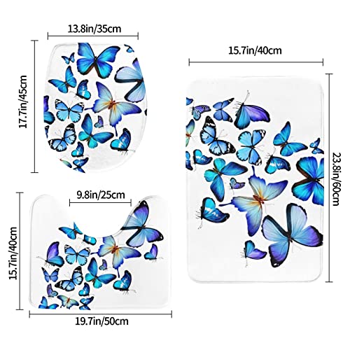 ASEELO Blue Butterfly Bathroom Rugs Sets 3 Piece with Toilet Cover, Bath Mats,U-Shaped Contour Mat,for Bathroom,Tub