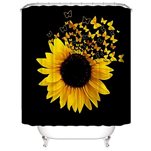 Yuaobeimei Golden Sunflower and Butterfly Floral Patterned Shower Curtain Set 4 Pieces 3D Printing Floral Bathroom Decor with Bath Rugs Mat,and 12 Hooks, 71x71inch