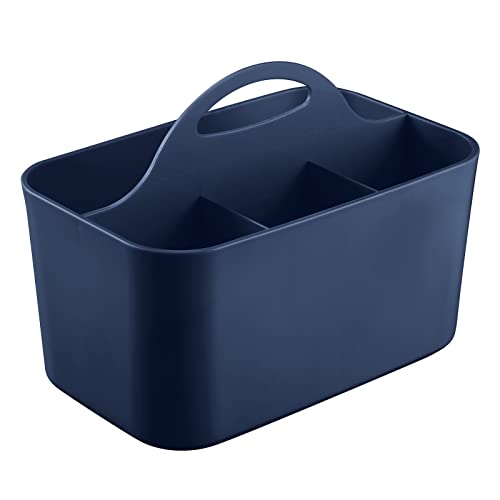 mDesign Small Plastic Shower/Bath Storage Organizer Caddy Tote with Handle for Dorm, Shelf, Cabinet - Hold Soap, Shampoo, Conditioner, Combs, Brushes, Lumiere Collection, Navy Blue