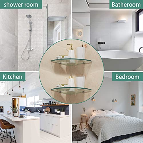 WAKLOND Bathroom Shelves, 2-Tier Bathroom Glass Corner Shelf Wall Mounted ,Tempered Glass Shelf for Storing Seasoning Bottle/Brush/Shower Gel/Soap/Shampoo