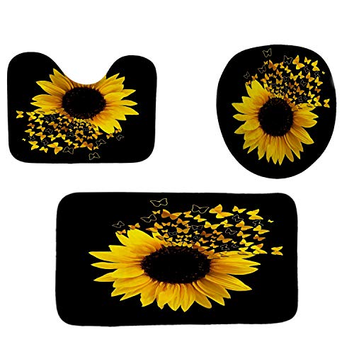 Yuaobeimei Golden Sunflower and Butterfly Floral Patterned Shower Curtain Set 4 Pieces 3D Printing Floral Bathroom Decor with Bath Rugs Mat,and 12 Hooks, 71x71inch