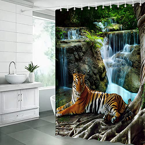 Waterfall Tiger Shower Curtain Wild Animal Tiger Nature Green Forest Tree Lake Tropical Landscape Misty Jungle Rainforest Spring Summer Scenery Fabric Bathroom Decor Curtain with Hooks