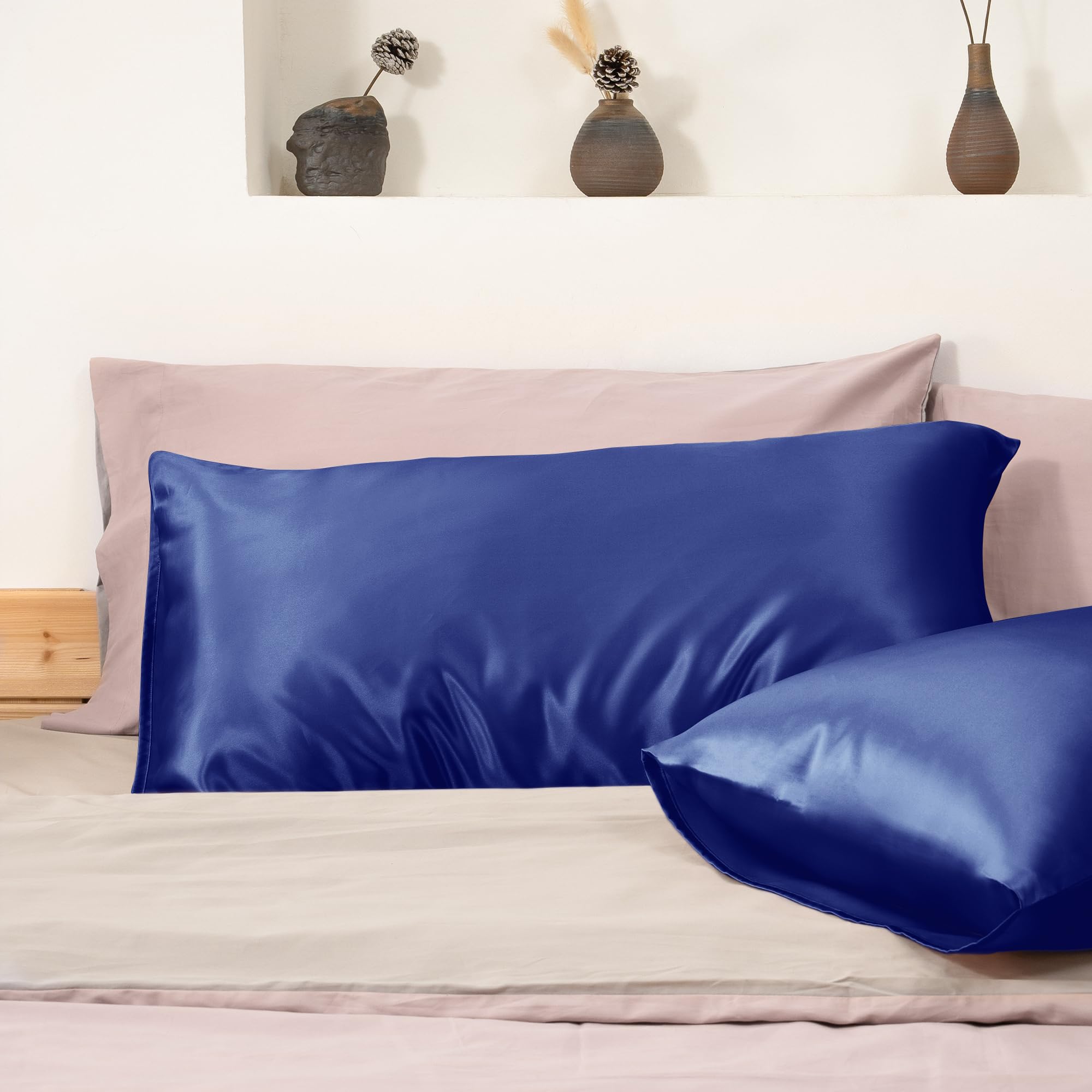 EXQ Home Silky Satin Pillowcase for Hair and Skin,Soft Cooling Pillow Cases Queen Size Set of 2 Satin Pillow Case with Envelope Closure Navy Blue (Queen,20x30 inch)