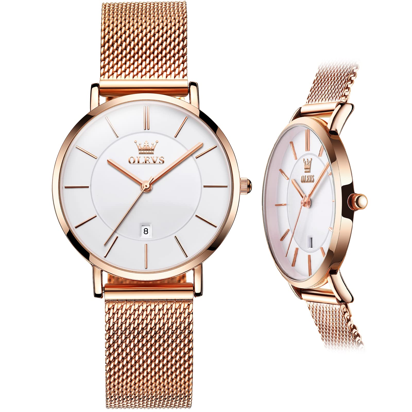 OLEVS Watches for Women Large Face Rose Gold Dress Ladies Watch with Date Slim Simple Easy to Read Womens Watches for Small Wrists Waterproof Business Casual Women's Watches White Reloj para Mujer
