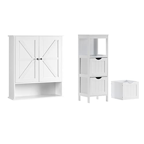 Reettic Narrow Bathroom Floor Cabinet with 3 Removable Drawers & Two Door Wall Cabinet, Wooden Medicine Cabinet, Wall Mounted Bathroom Storage Cabinet with Inner Adjustable Shelf