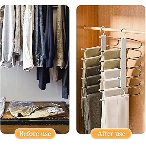 Pants Hangers Space Saving-6 in 1 Stainless Steel Magic Pants Hangers Pants Organizer-Non-Slip Closet Storage Organizer for Skirts Jeans Scarves Belts Towels Ties Leggings(1 Pack).