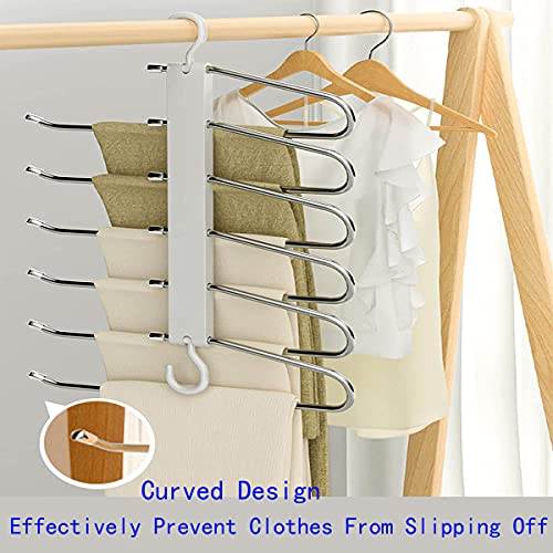 Pants Hangers Space Saving-6 in 1 Stainless Steel Magic Pants Hangers Pants Organizer-Non-Slip Closet Storage Organizer for Skirts Jeans Scarves Belts Towels Ties Leggings(1 Pack).